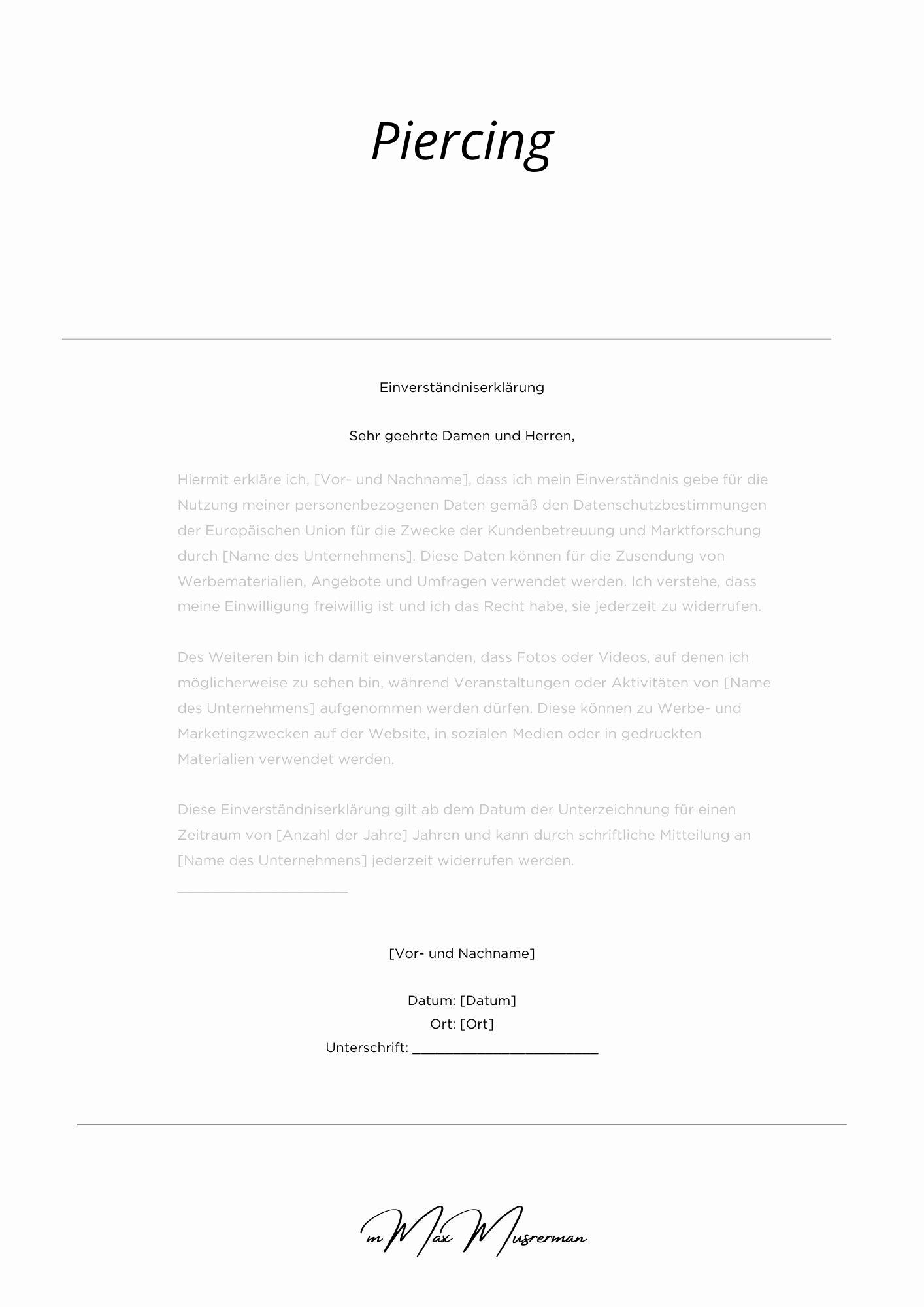 Einverständniserklärung Piercing - Muster Vorlage - PDF
