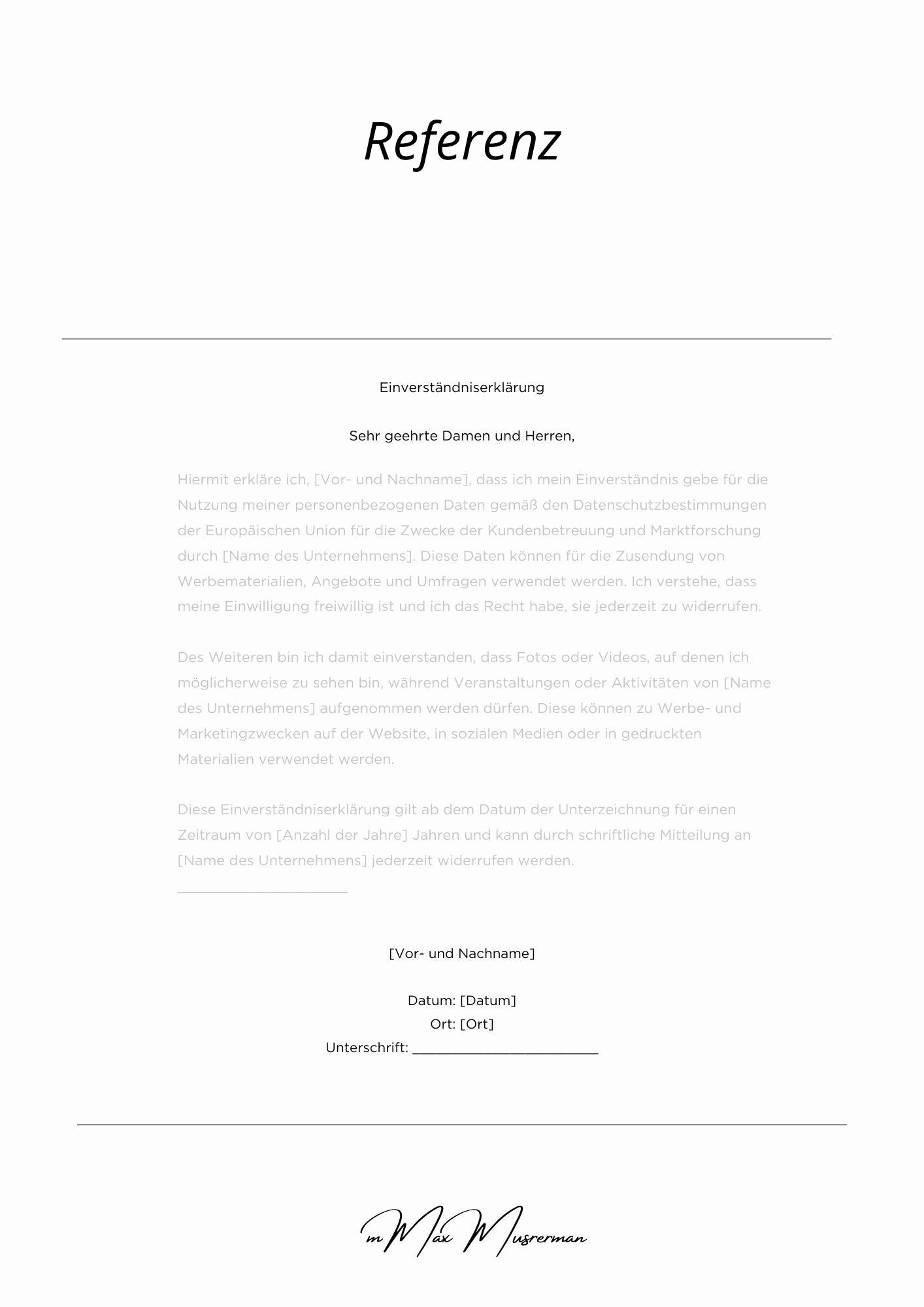 Einverständniserklärung Referenz - Muster Vorlage - PDF