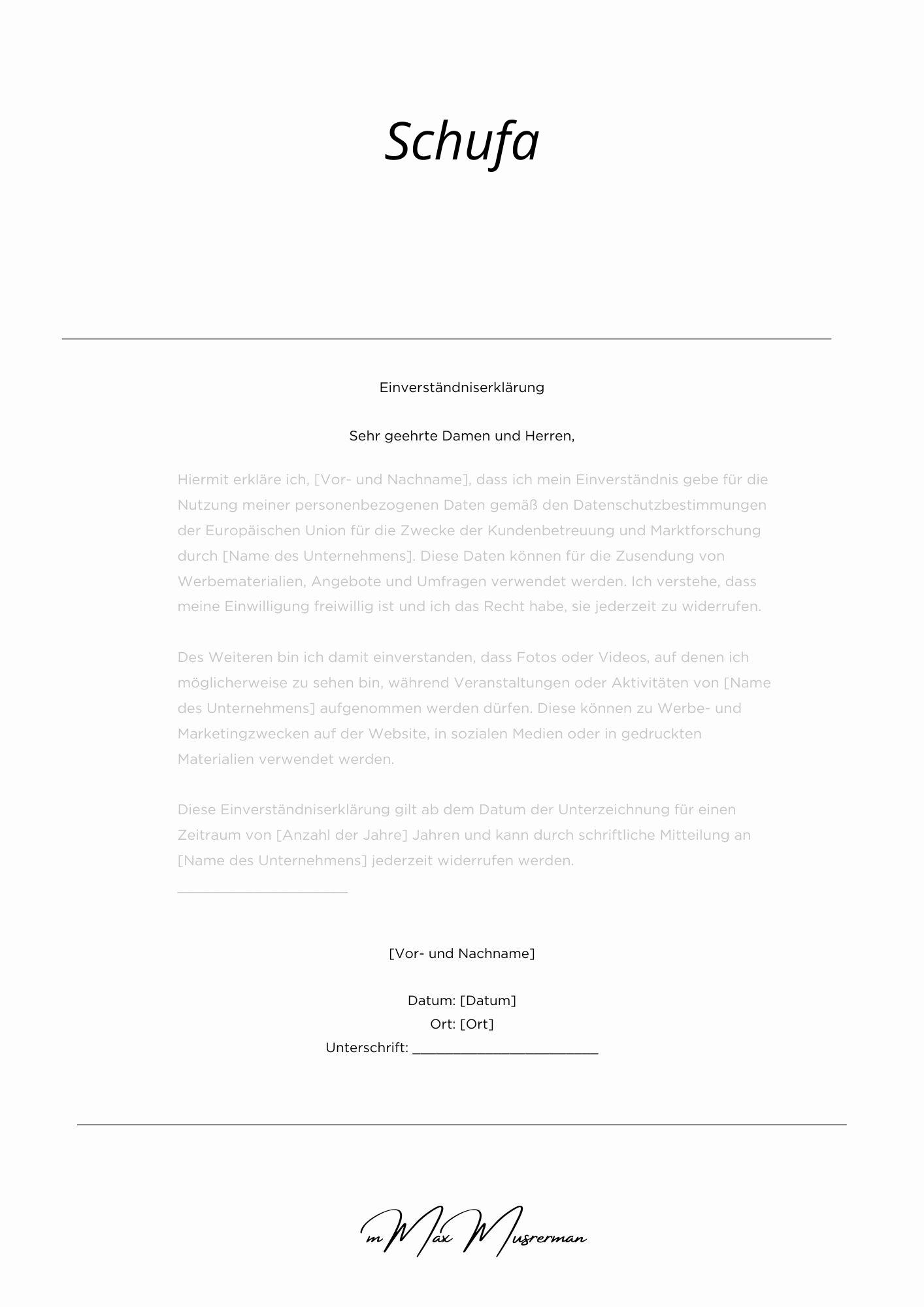 Schufa Einverständniserklärung - Vorlage Muster - PDF